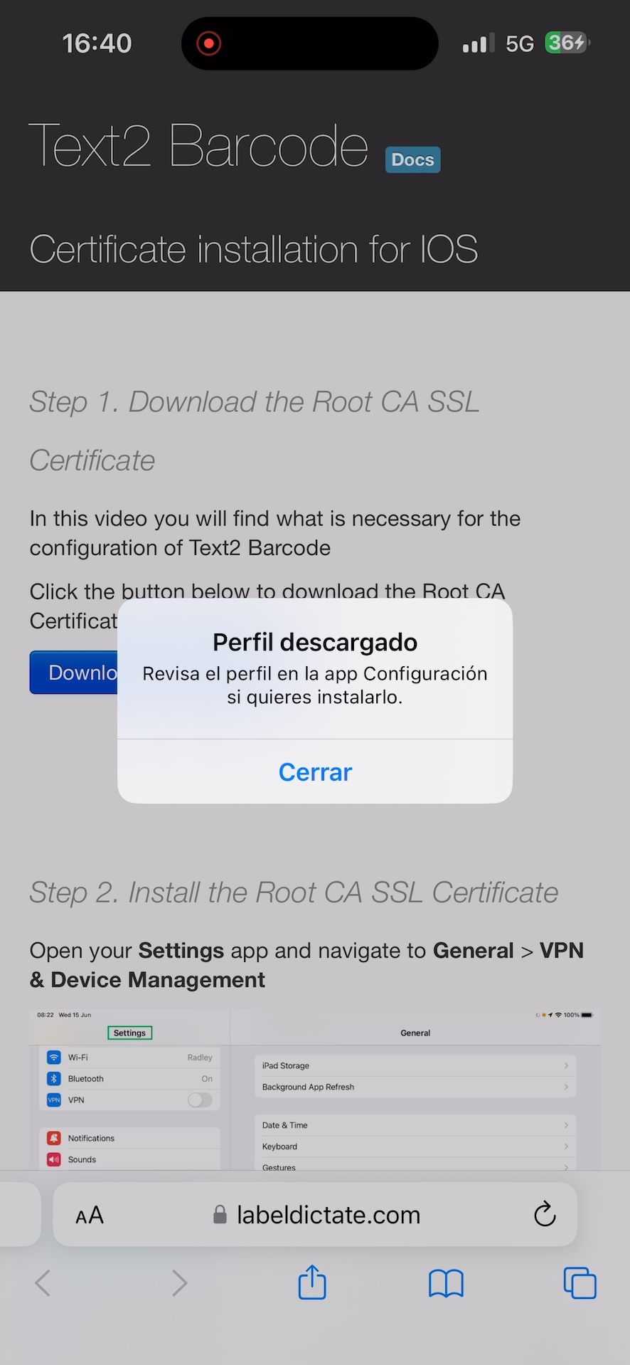 Instalación de certificado Text2 Barcode iOS